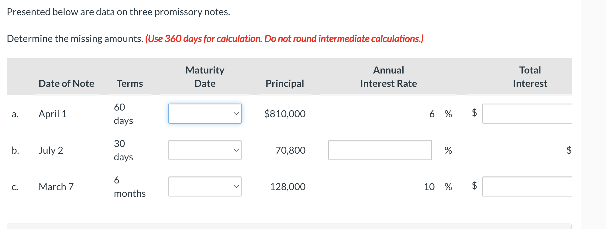 Solved Presented below are data on three promissory notes. | Chegg.com