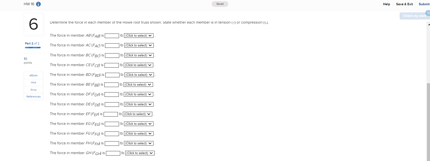 Solved HW 16 Saved Help Save & Exit Submit 10 Check my work | Chegg.com