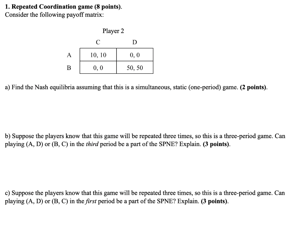 Solved 1. Repeated Coordination game (8 points). Consider | Chegg.com