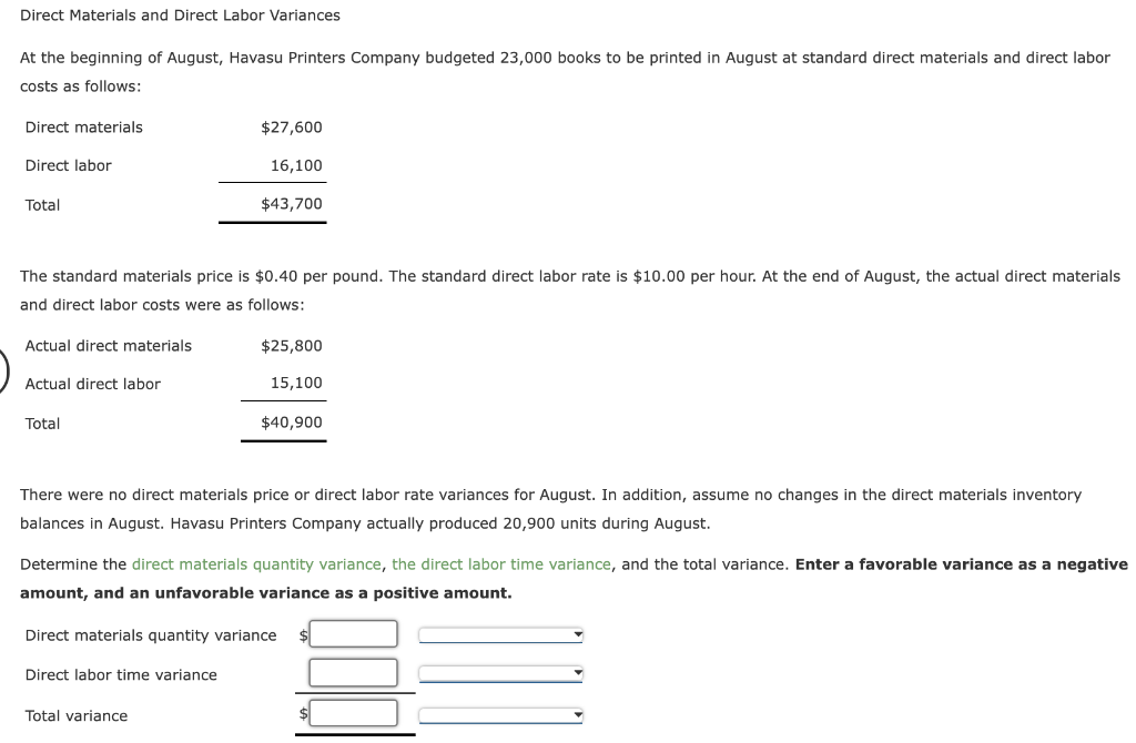 Solved Direct Materials and Direct Labor Variances At the | Chegg.com