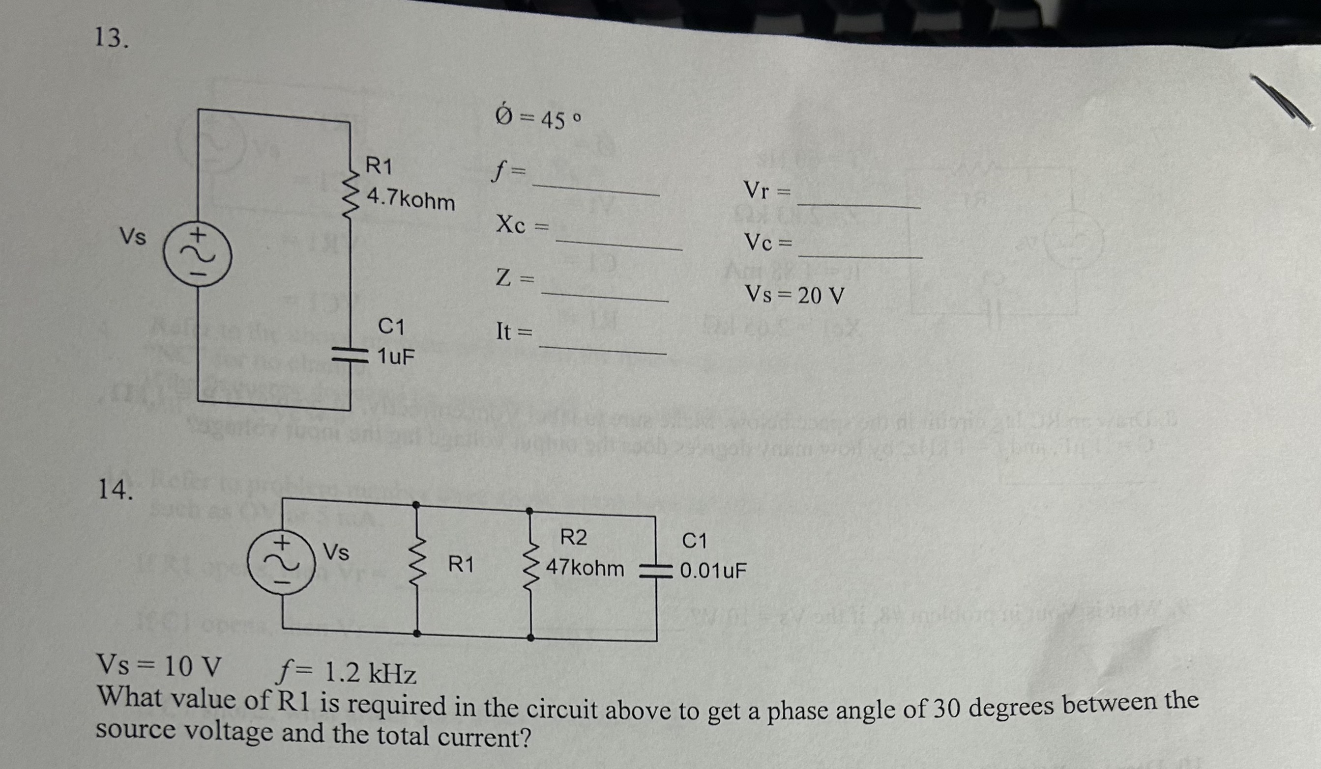 Solved ∅=45∘ f= Vr= Xc= Vc= Z= VsS=20 V It = 14. Vs=10 | Chegg.com