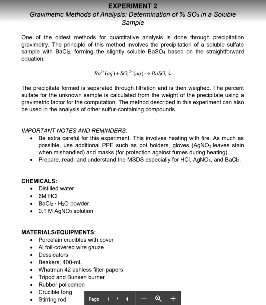 EXPERIMENT 2 Gravimetric Methods of Analysis: | Chegg.com