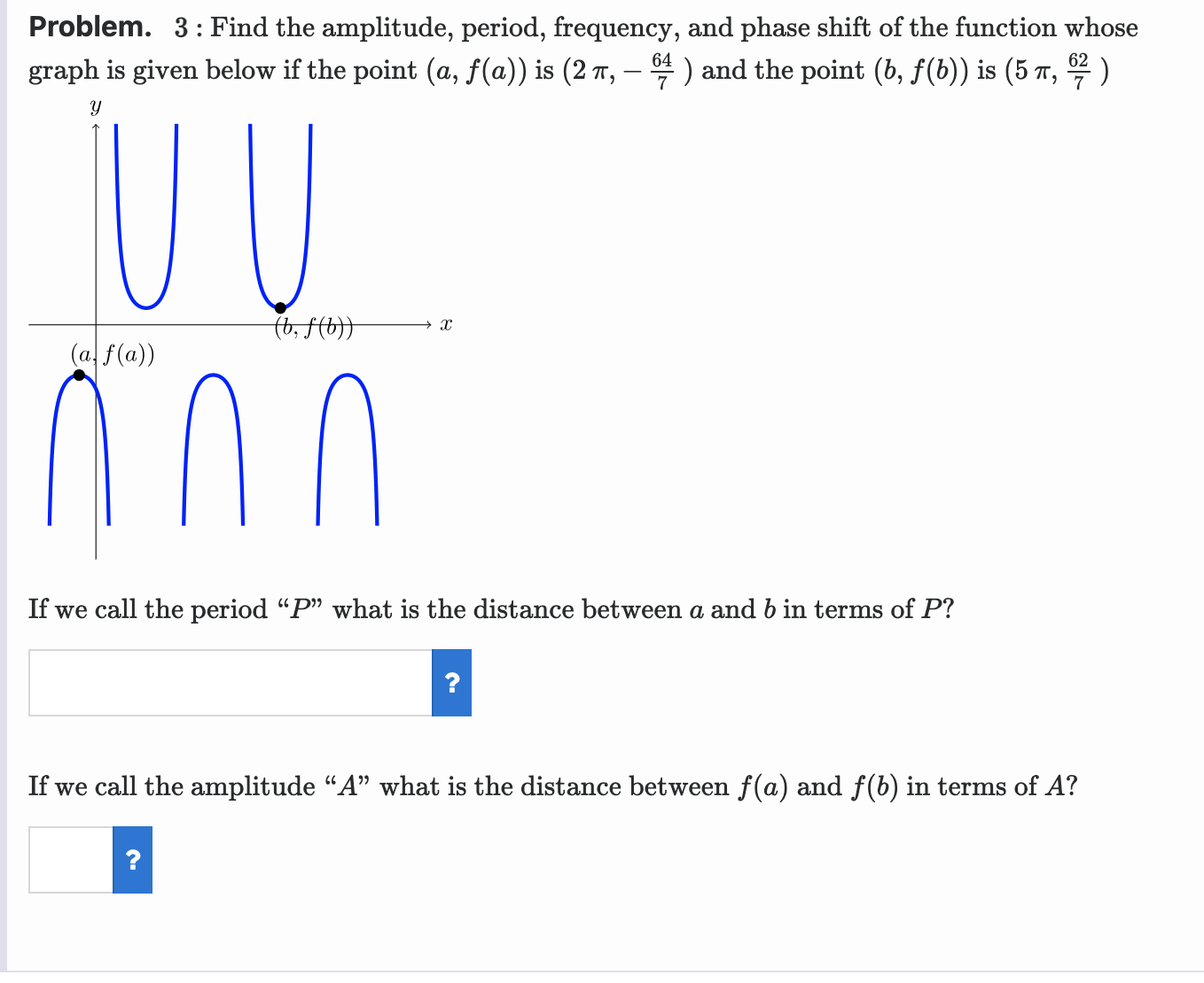 Solved Problem. 3 ﻿: Find the amplitude, period, frequency, | Chegg.com