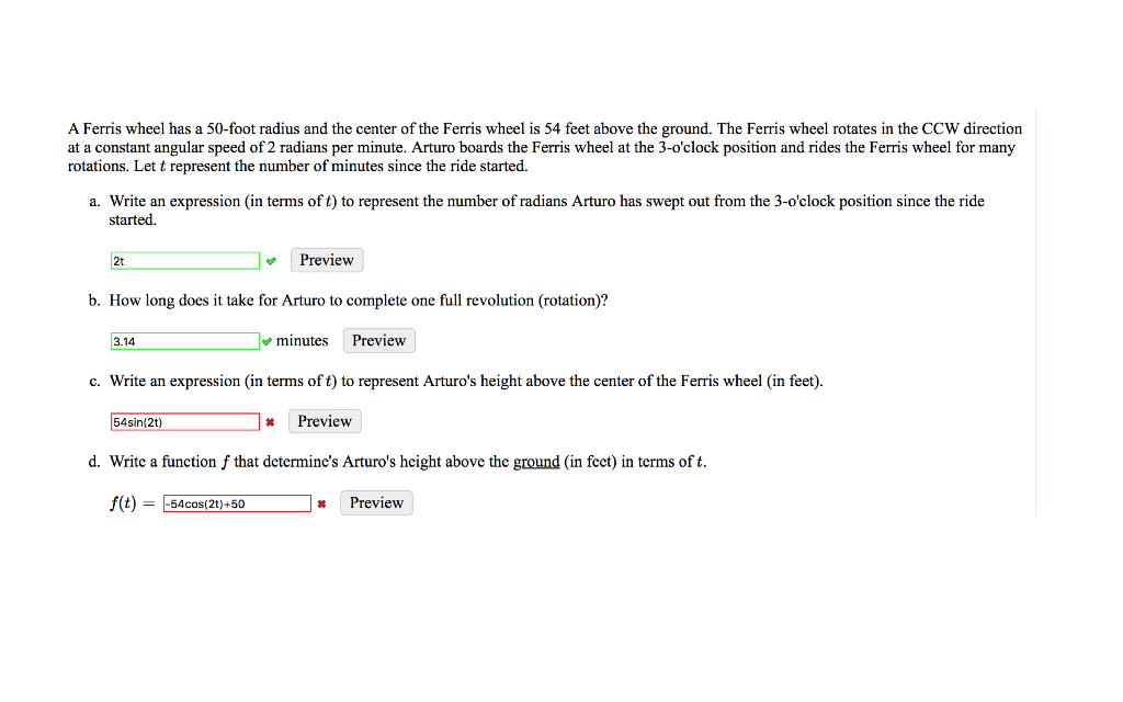 Solved A Ferris Wheel Has A 50 foot Radius And The Center Of Chegg Solved A Ferris Wheel Has A 50 foot Radius And The Center Of Chegg