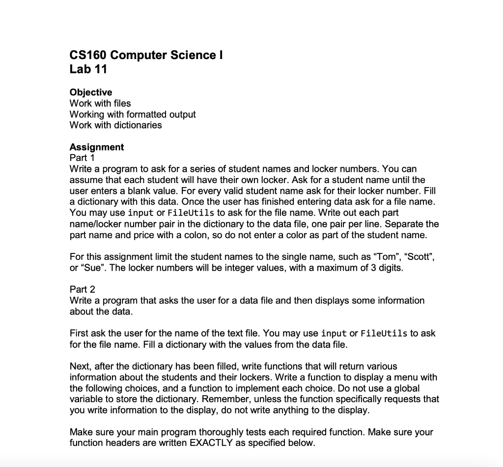 Solved CS160 Computer Science | Lab 11 Objective Work with | Chegg.com