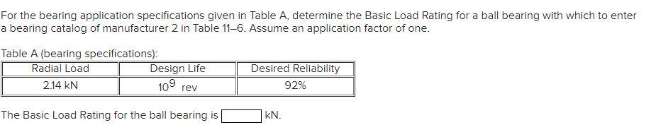 Solved For the bearing application specifications given in | Chegg.com