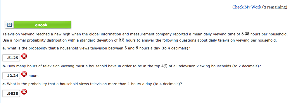 Solved Check My Work (2 remaining) eBook Television viewing | Chegg.com