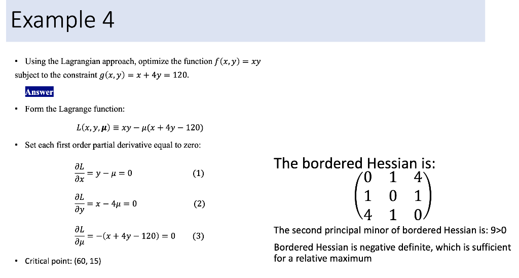 Solved Example 4 · Using the Lagrangian approach, optimize | Chegg.com