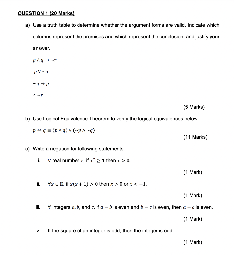 Solved QUESTION 1 (20 Marks) a) Use a truth table to | Chegg.com
