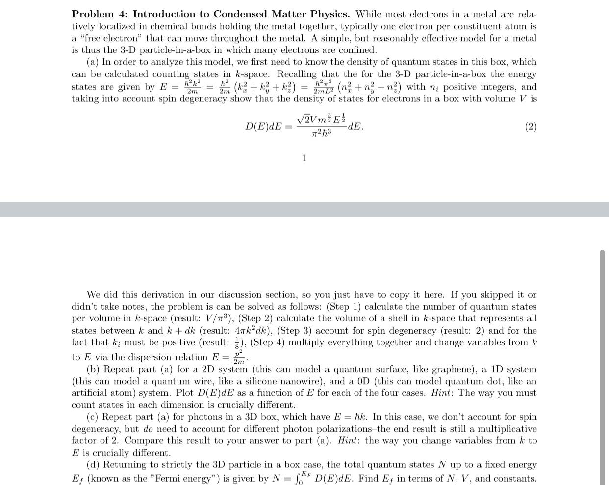 Solved Problem 4: Introduction to Condensed Matter Physics. | Chegg.com