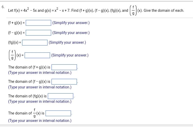 Solved 6. Let f(x)=4x2−5x and g(x)=x2−x+7. Find | Chegg.com