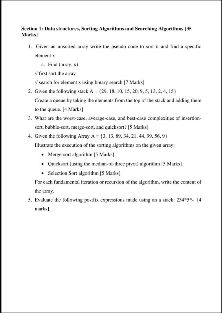 Solved Section 1: Data structures, Sorting Algorithms and | Chegg.com