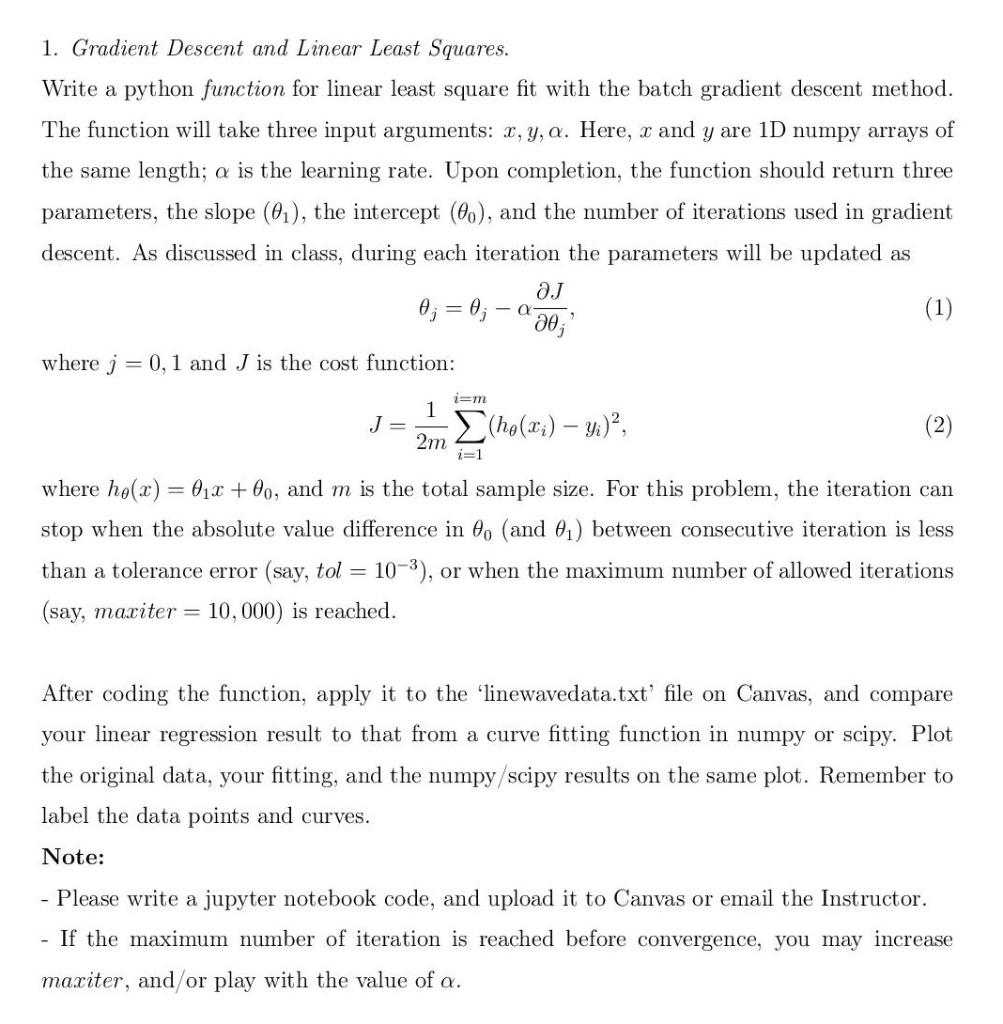 1. Gradient Descent and Linear Least Squares. Write a | Chegg.com