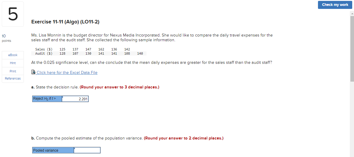 Solved Check my work 5 Exercise 11-11 (Algo) (LO11-2) 10 | Chegg.com