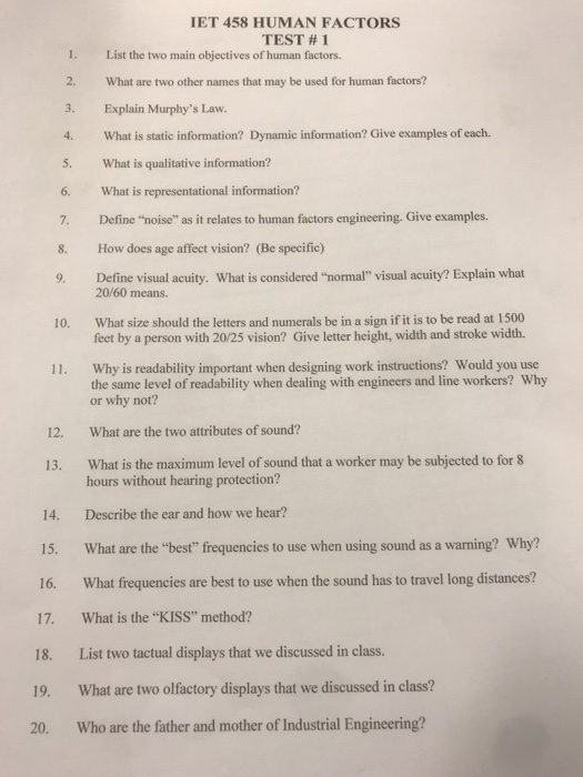 Solved IET 458 HUMAN FACTORS TEST # 1 1. List the two main | Chegg.com