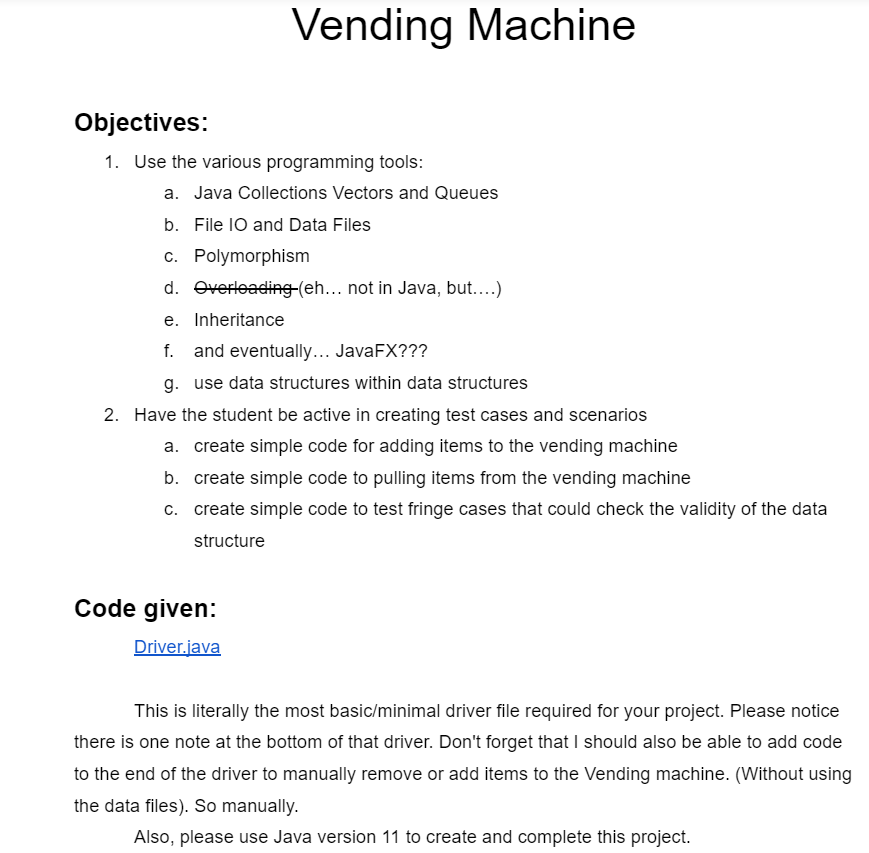 Solved Vending Machine Objectives: 1. Use the various | Chegg.com