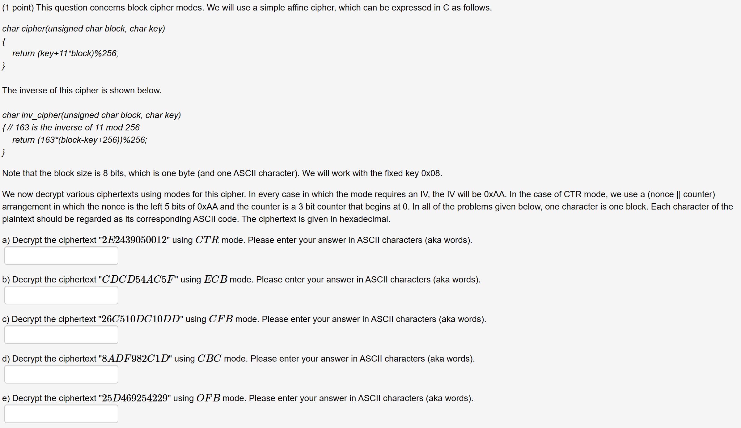 Solved 1 Point This Question Concerns Block Cipher Modes 