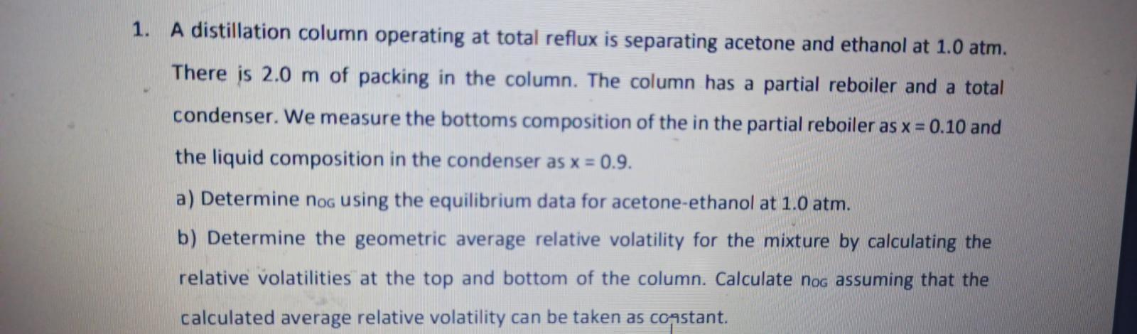 Solved 1. A distillation column operating at total reflux is | Chegg.com