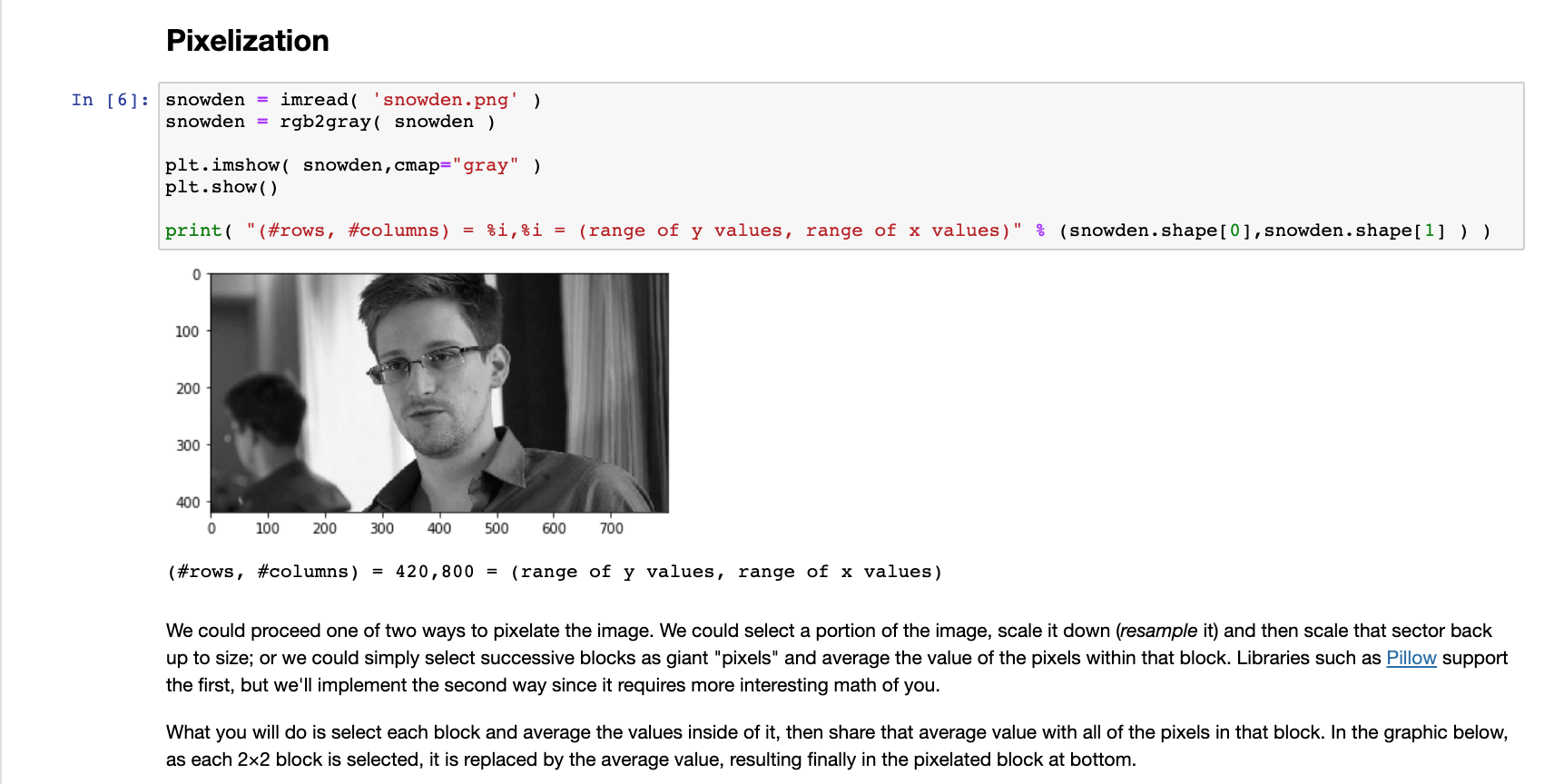 Solved Pixelization In [6]: snowden = imread( 'snowden.png' | Chegg.com
