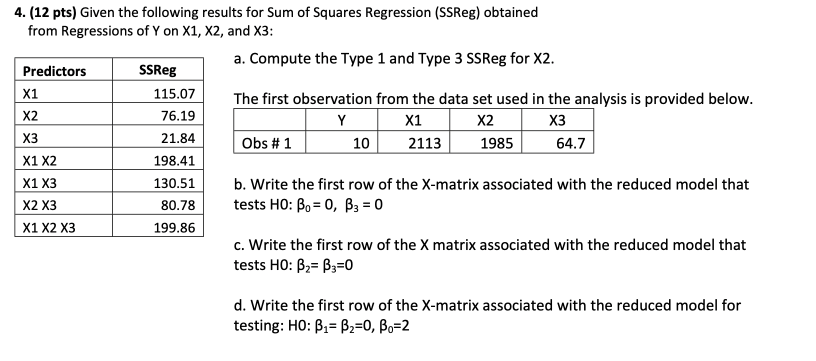 Solved 4. (12 pts) Given the following results for Sum of | Chegg.com