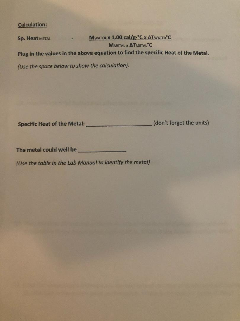 Solved Lab-10: Calorimetry: Specific Heat of a Metal DATA | Chegg.com