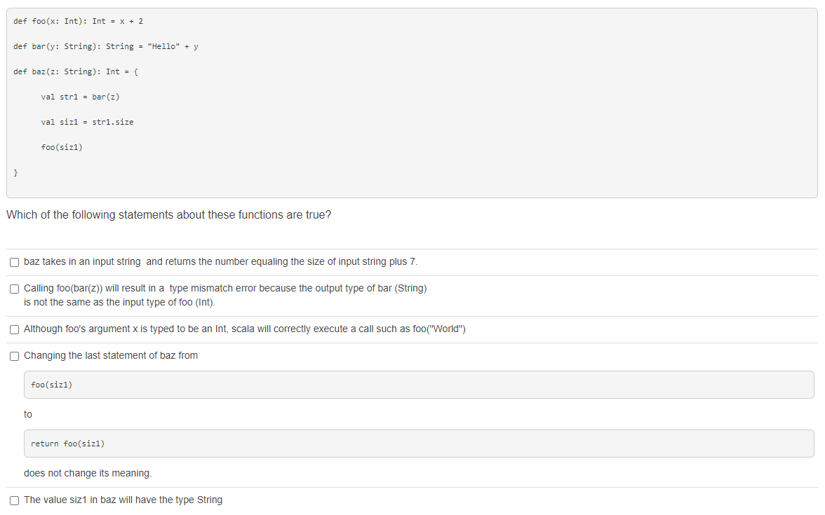 Solved def foo(x: Int): Int = x + 2 def bar(y: String): | Chegg.com