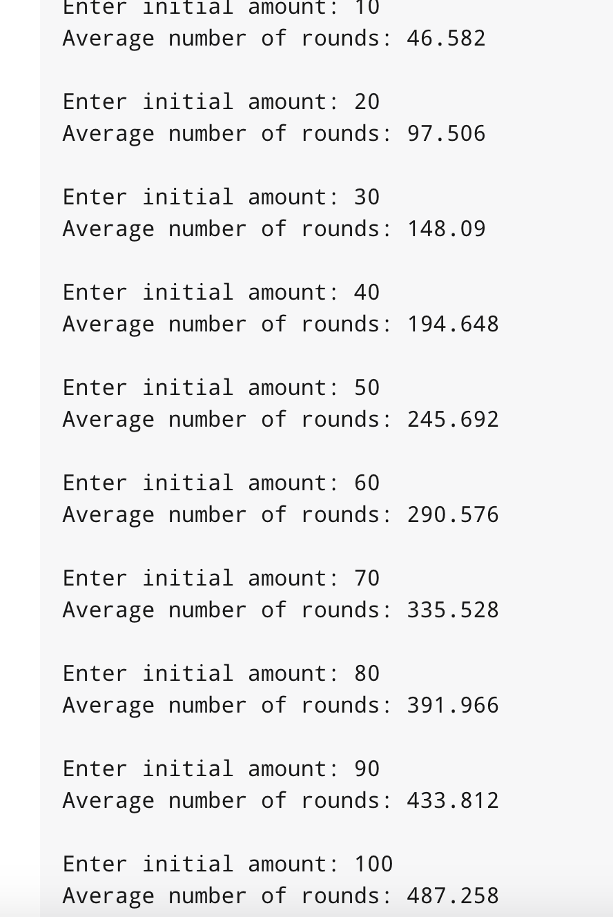 Solved Enter initial amount: 10 Average number of rounds: | Chegg.com