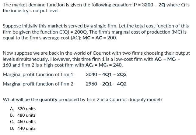 Solved The market demand function is given the following | Chegg.com