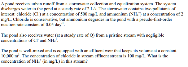Solved A pond receives urban runoff from a stormwater | Chegg.com