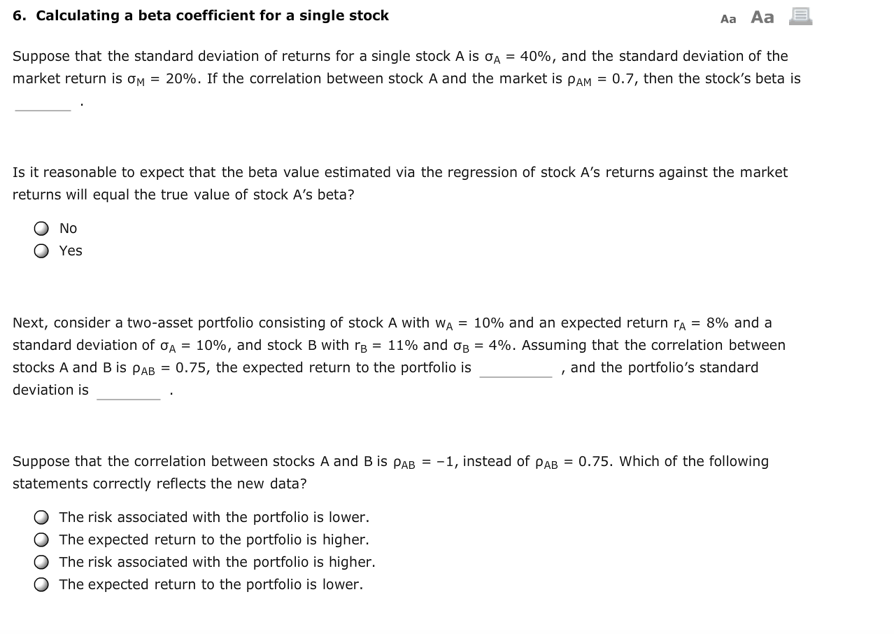 Solved 6. Calculating a beta coefficient for a single stock | Chegg.com