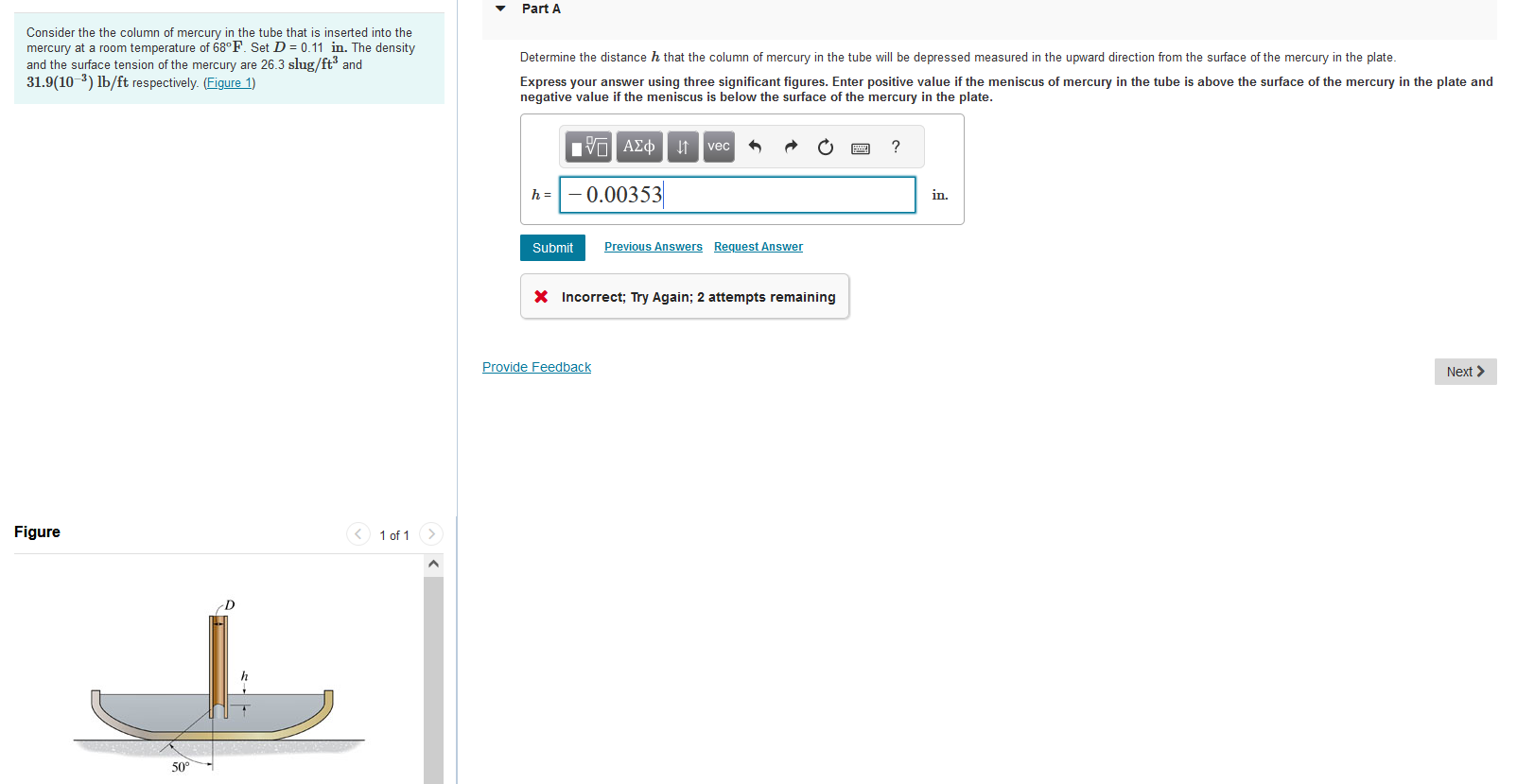 Solved Determine the distance h ﻿that the column of mercury | Chegg.com