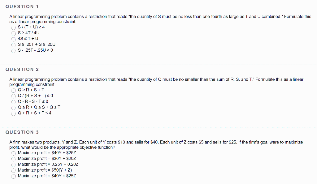 Solved QUESTION 1 A linear programming problem contains a | Chegg.com