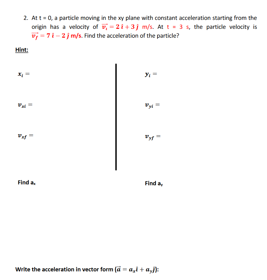 Solved 2. At t=0, a particle moving in the xy plane with | Chegg.com