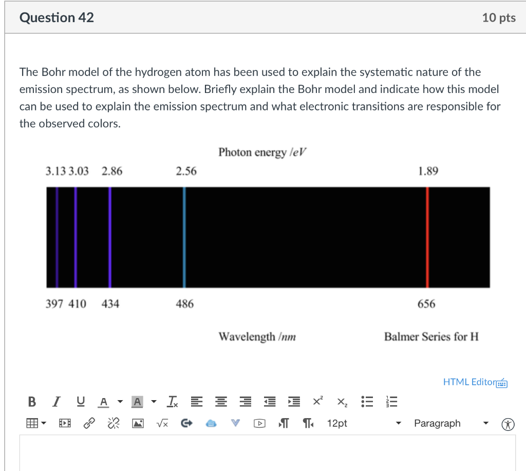 Solved Question 42 10 pts The Bohr model of the hydrogen | Chegg.com