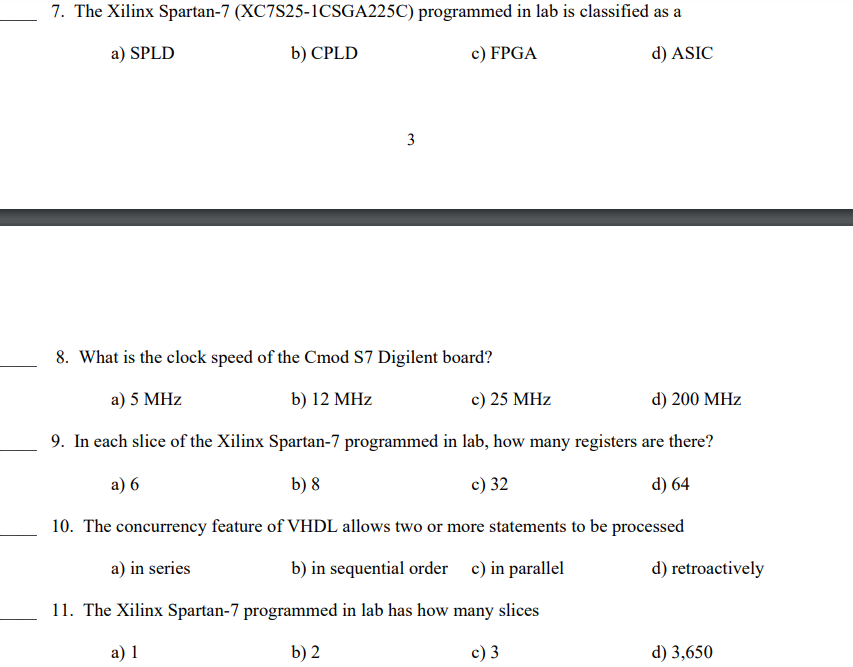 Solved 7. The Xilinx Spartan-7 (XC7S25-1CSGA225C) programmed | Chegg.com