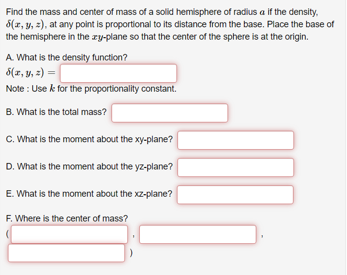 Solved Find the mass and center of mass of a solid | Chegg.com
