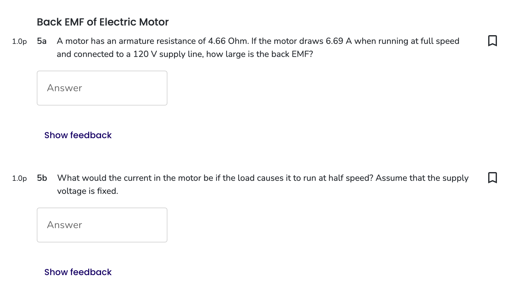 Back EMF of Electric Motor 1.0p 5a A motor has an | Chegg.com