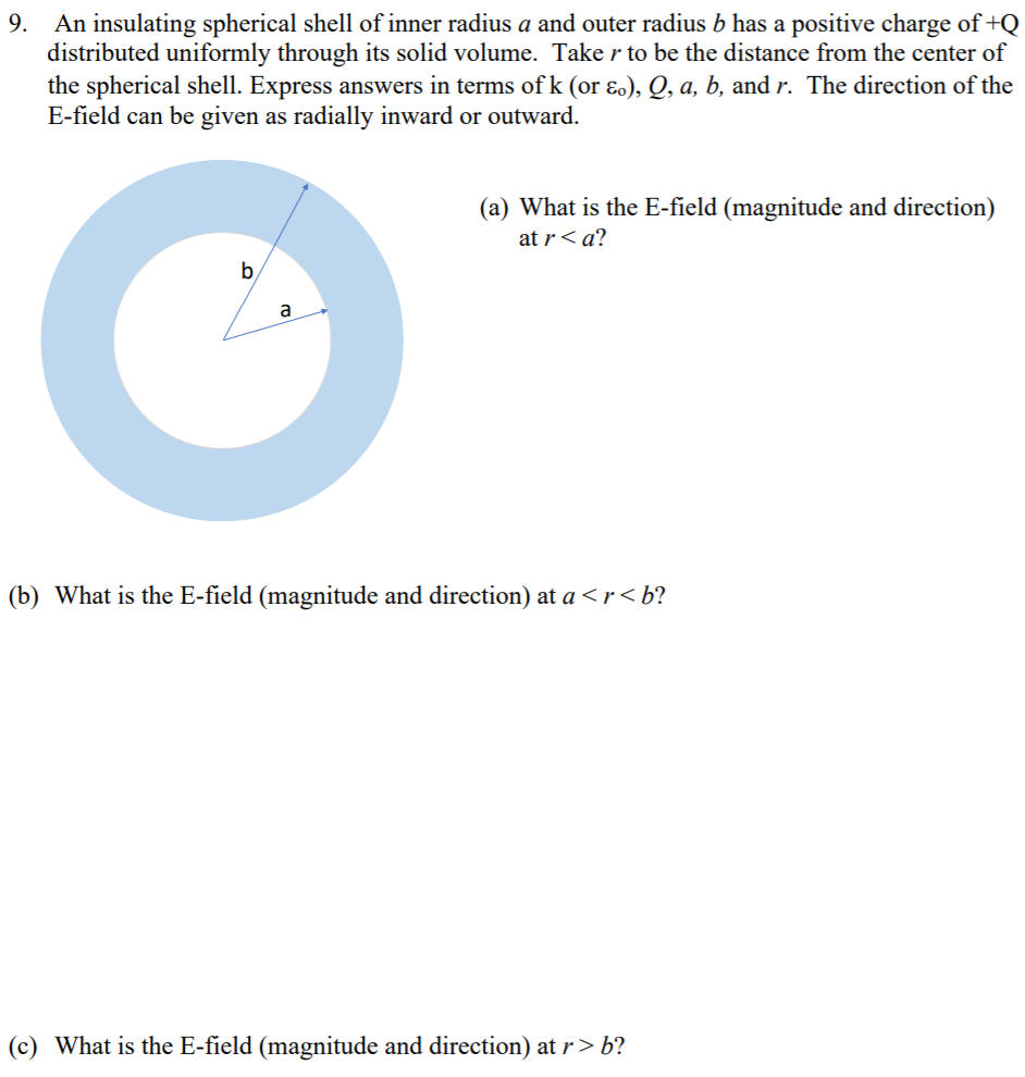 Solved 9. An insulating spherical shell of inner radius a | Chegg.com