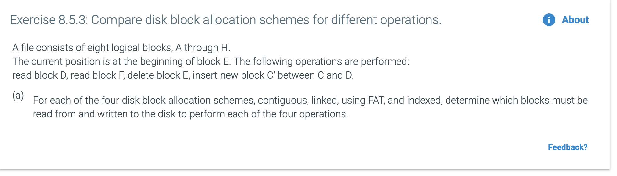 Exercise 8.5.3: Compare disk block allocation schemes | Chegg.com