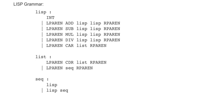 Lisp Grammar Lisp Int Lparen Add Lisp Lisp Rparen