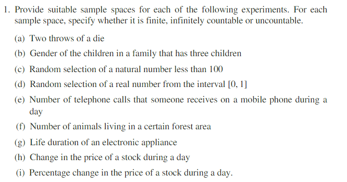 Solved 1. Provide suitable sample spaces for each of the | Chegg.com