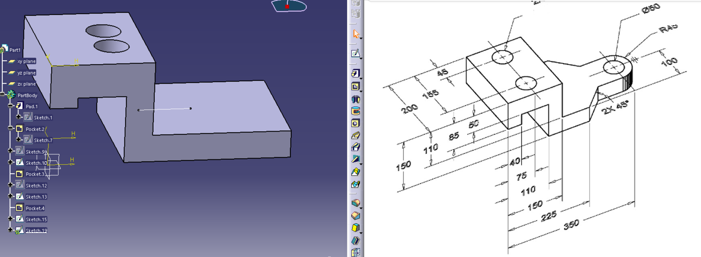 Solved How would I make the 45 ﻿degree angle in catia v5? ﻿I | Chegg.com