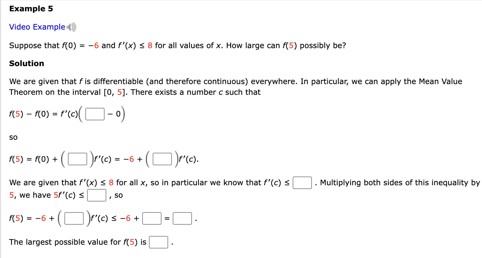 Solved Video Example Suppose that f(0)=−6 and f′(x)≤8 for | Chegg.com