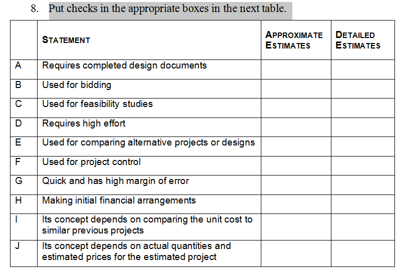 Solved 8. Put checks in the appropriate boxes in the next | Chegg.com