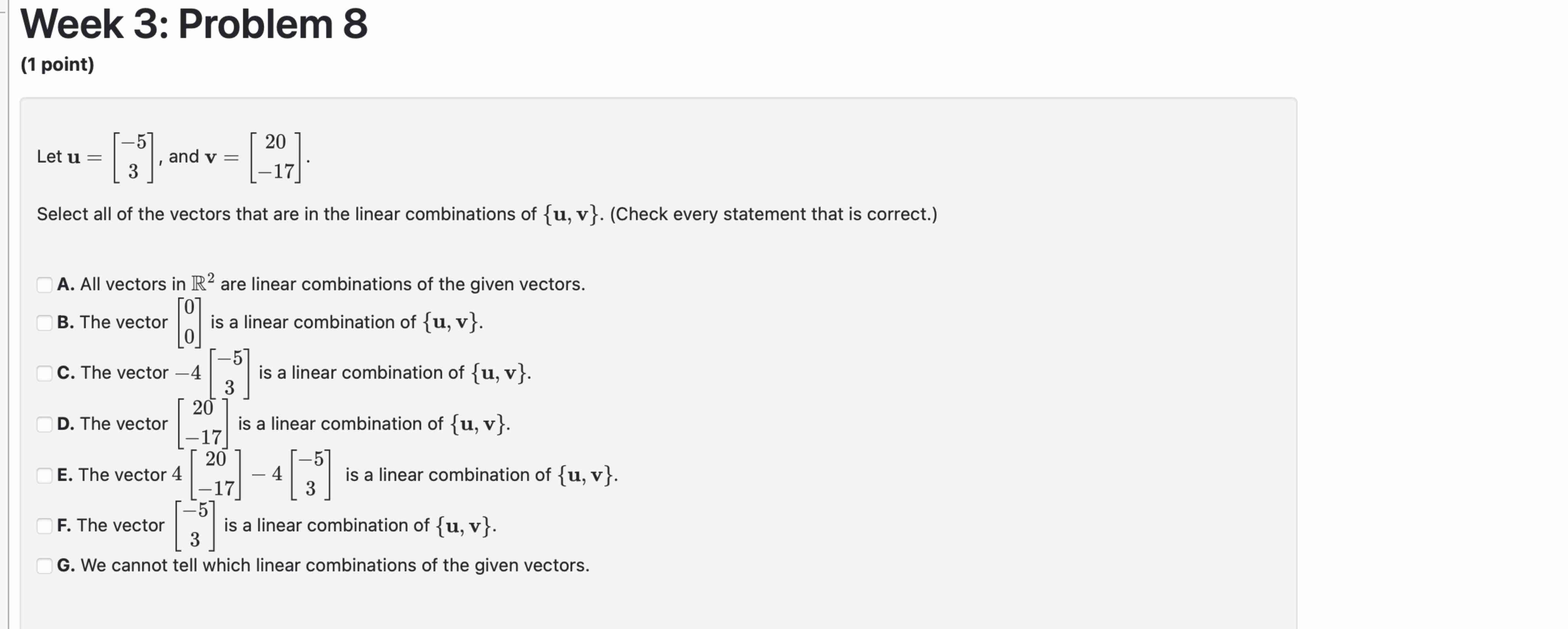 Solved (1 ﻿point)Let u=[-53], ﻿and v=[20-17].Select all of | Chegg.com