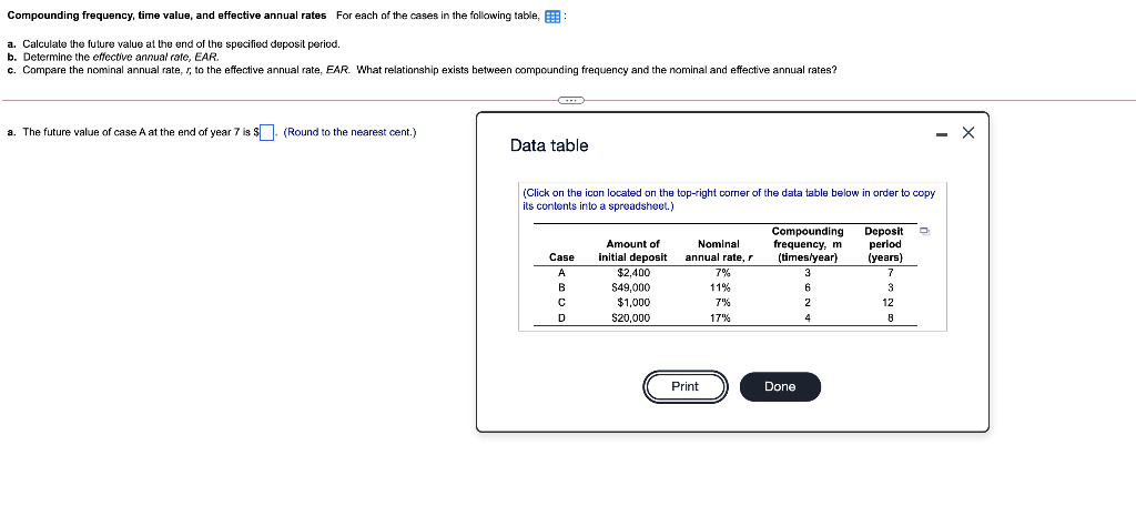 Solved Compounding frequency, time value, and effective | Chegg.com