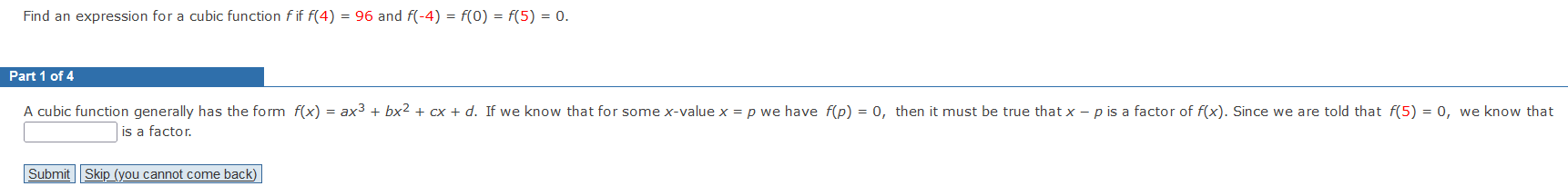 Solved Find an expression for a cubic function f if f(4)=96 | Chegg.com