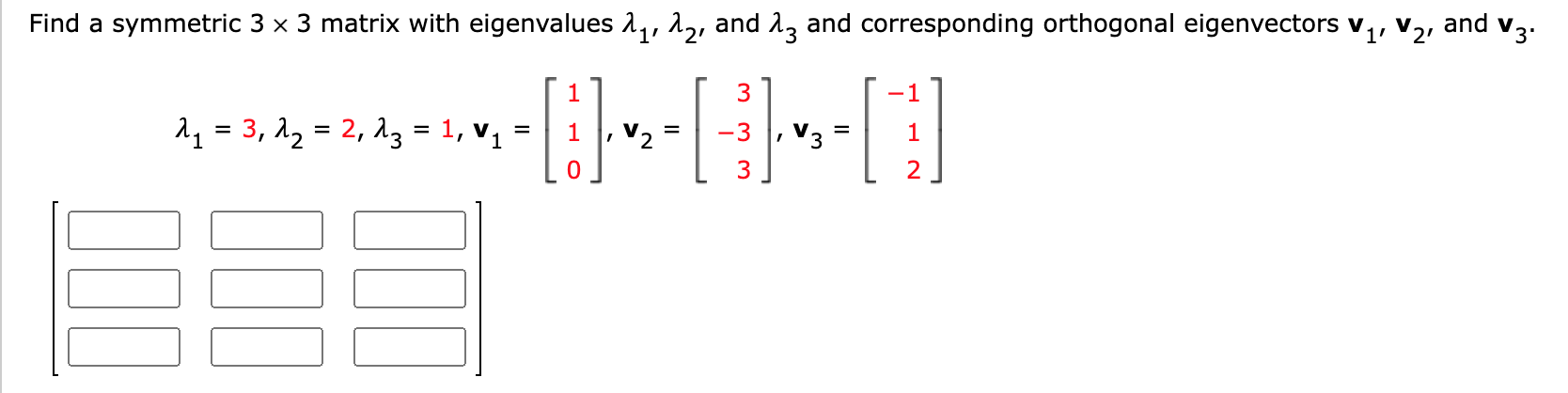 Solved Find a symmetric 3 x 3 matrix with eigenvalues 11, | Chegg.com