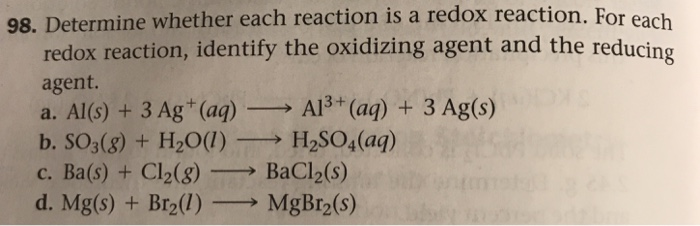 Solved 98. Determine whether each reaction is a redox | Chegg.com