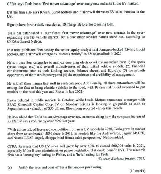 Solved CFRA says Tesla has a "first mover advantage" over | Chegg.com